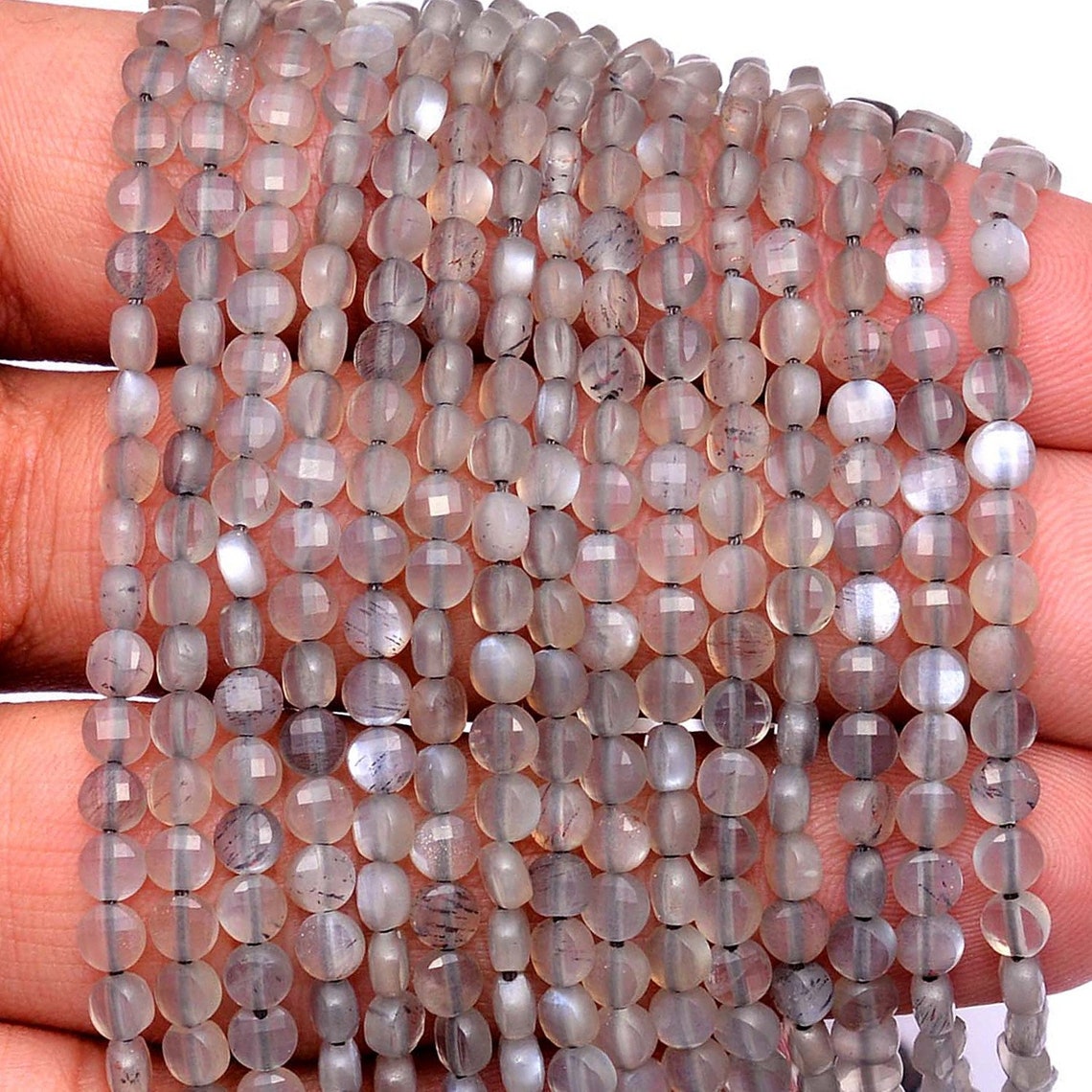 AAA+ Grey Moonstone Gemstone 4mm Coin Briolette Faceted Beads | 13 ...