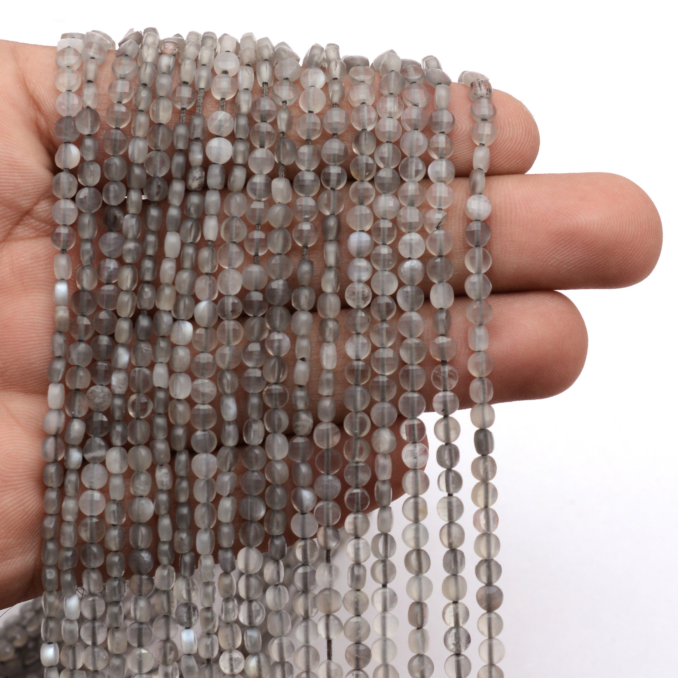 AAA+ Grey Moonstone Gemstone 4mm Coin Briolette Faceted Beads | 13 ...