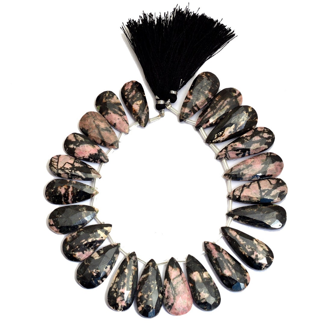 Pink Rhodonite Gemstone Briolette | 28mm-30mm Faceted Pear Beads ...