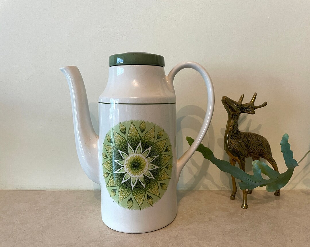 Retro Flower Coffee Pot, Green Flower Mandala Design Tall Ceramic ...