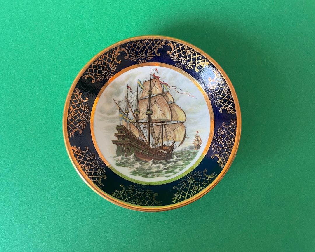 Royal Falcon Ware Galleon Trinket Dish, Vintage Sailing Ship Blue ...