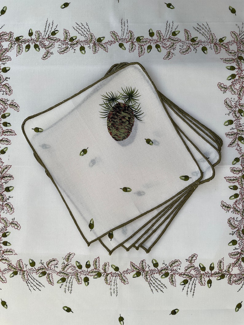 Vintage Table Linen Set, Acorn and Pinecone Tablecloth & 6 Napkins ...