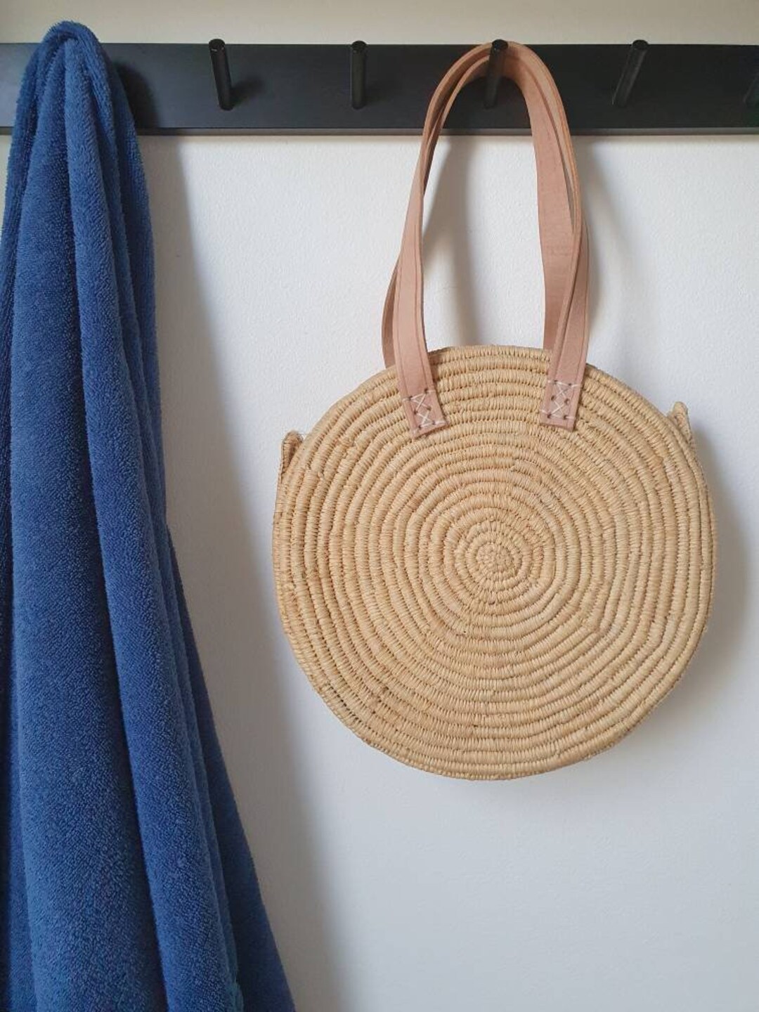 Small Round Raffia Bag With Leather Handles. Handmade in Morocco - Etsy