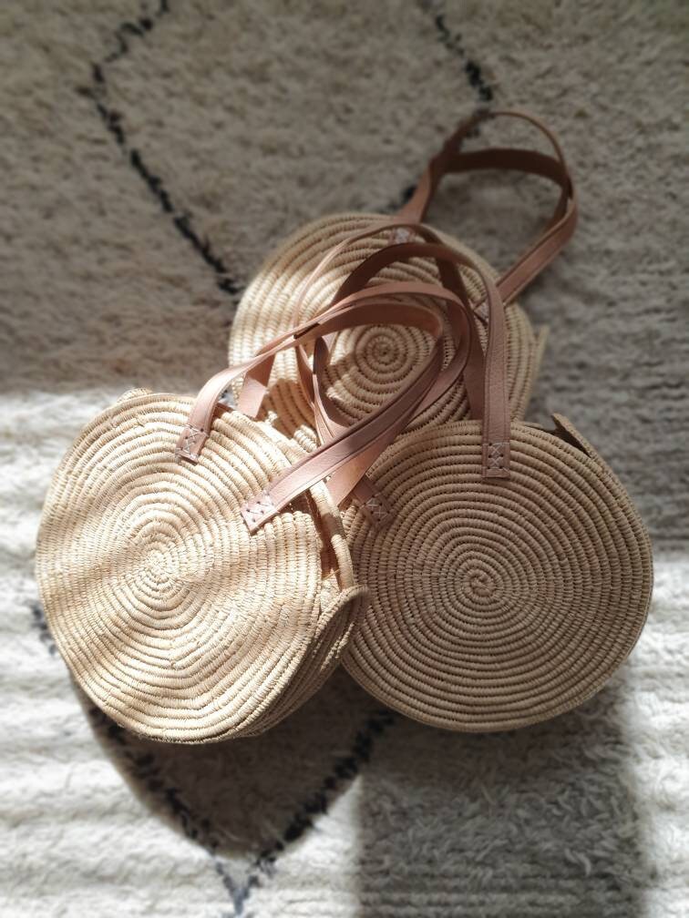 Small Round Raffia Bag With Leather Handles. Handmade in - Etsy UK