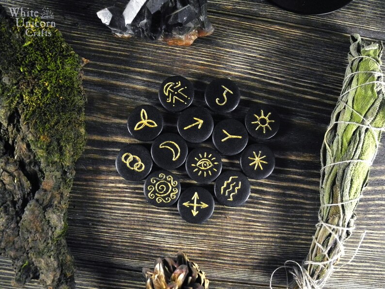 Wiccan witches rune set Black rune stones 13 wiccan runes set | Etsy