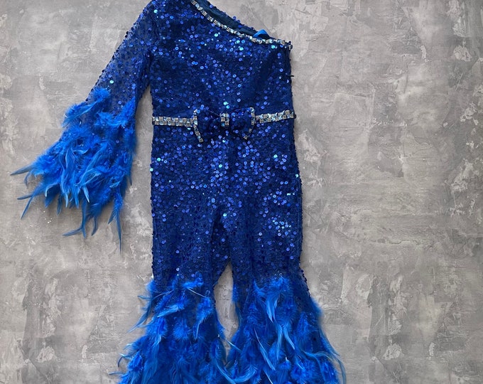 Royal Blue Sequins Pageant Girls Jumpsuit With One Sleeve and Feathers ...