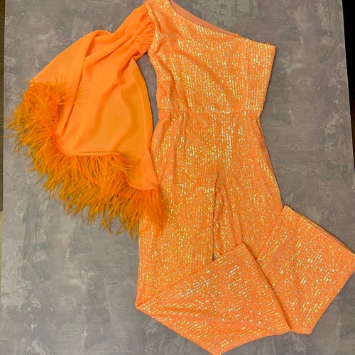 Orange Sparkly Jumpsuit Pageant Runway Outfit Girls Neoprene - Etsy