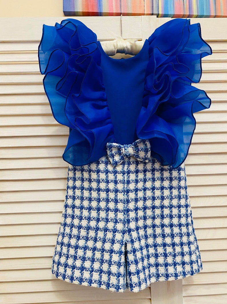 Girls Royal Blue Tweed Romper: Organza Ruffles, Custom Pageant Outfit ...
