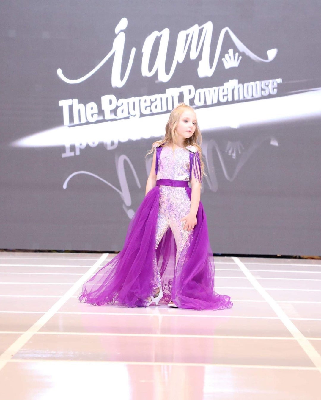 Girls Sequin Pageant Jumpsuit With Purple Tulle Train: Custom Runway ...
