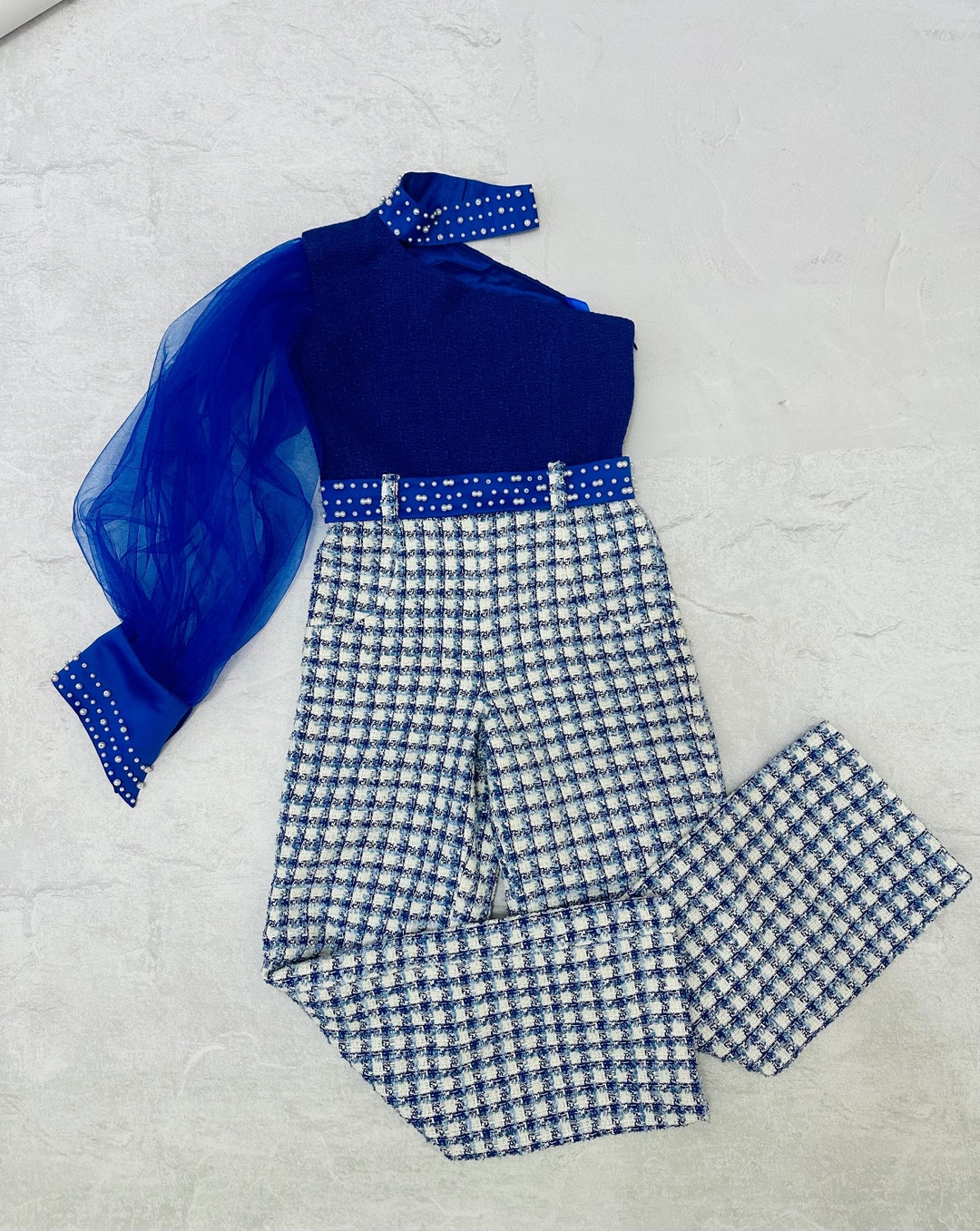 Royal Blue Tweed Girls Pageant Jumpsuit With One Sleeve and Beads ...