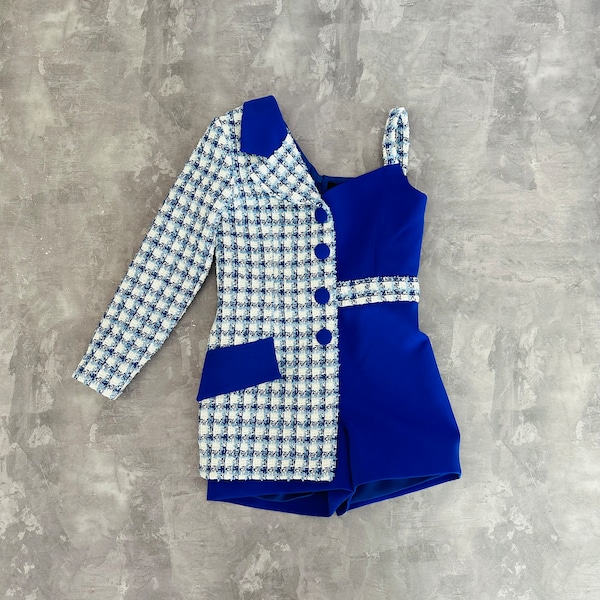 Royal Blue White Tweed Girls Pageant Romper - Etsy