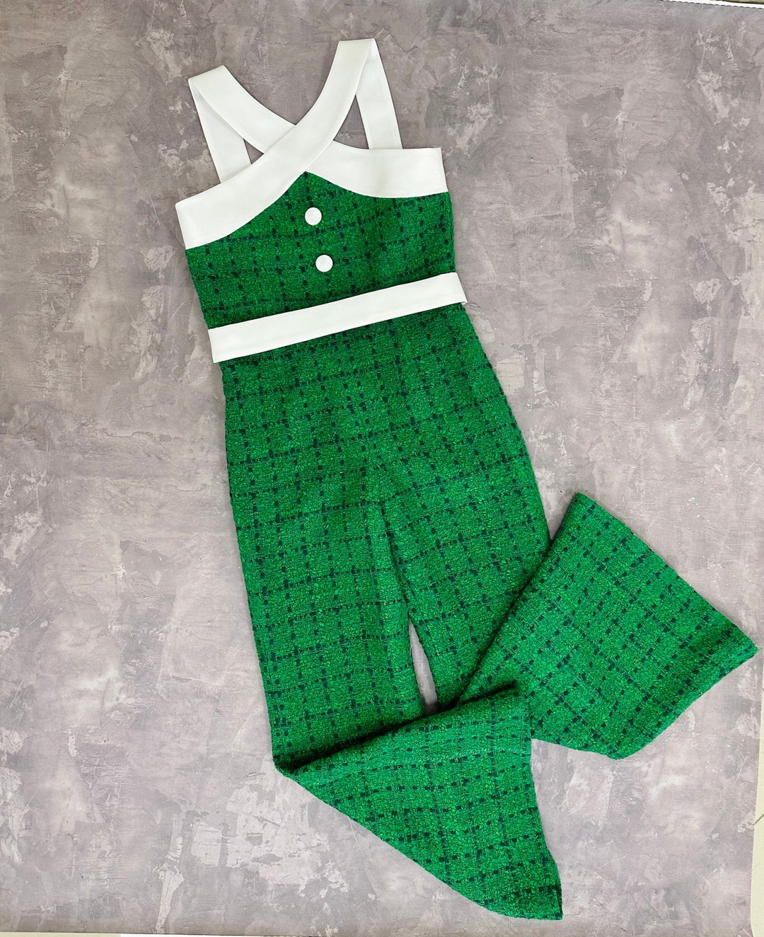 Grass Green Tweed Girls Pageant Jumpsuit With White Accents/ Girls ...