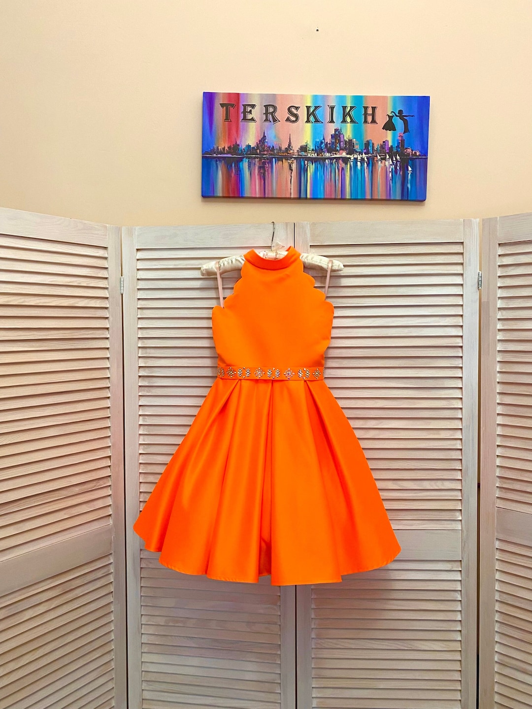 Neon Orange Pageant Cocktail Dress With Scrolled Neckline and Stoned ...