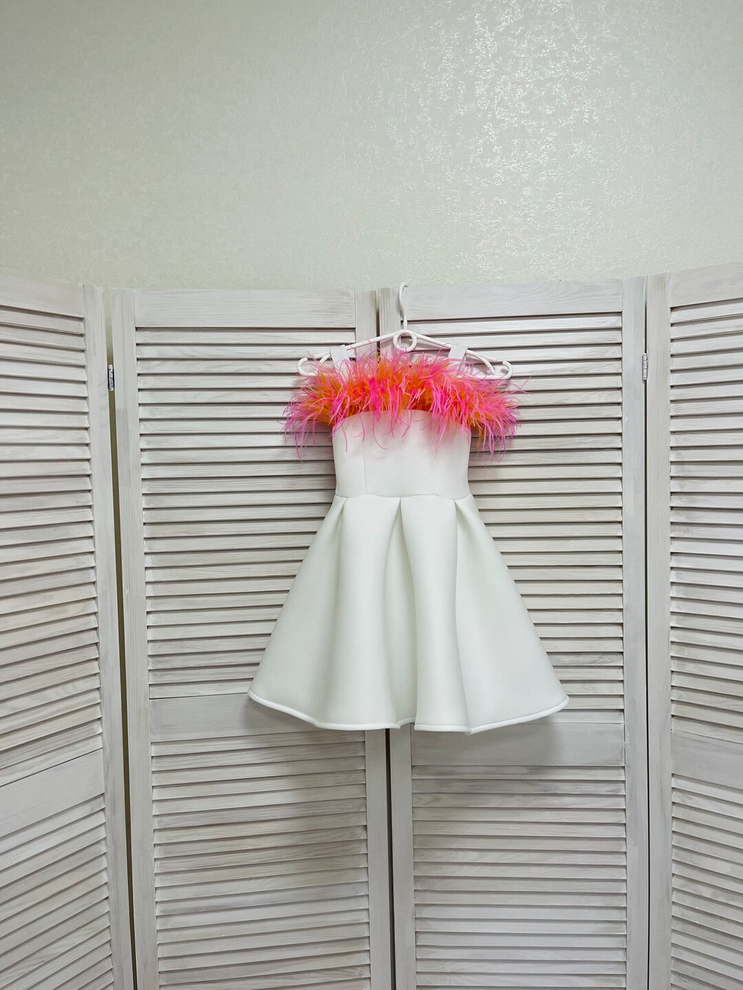 White Girl Neoprene Scuba Dress With Orange and Pink Feathers/girls ...