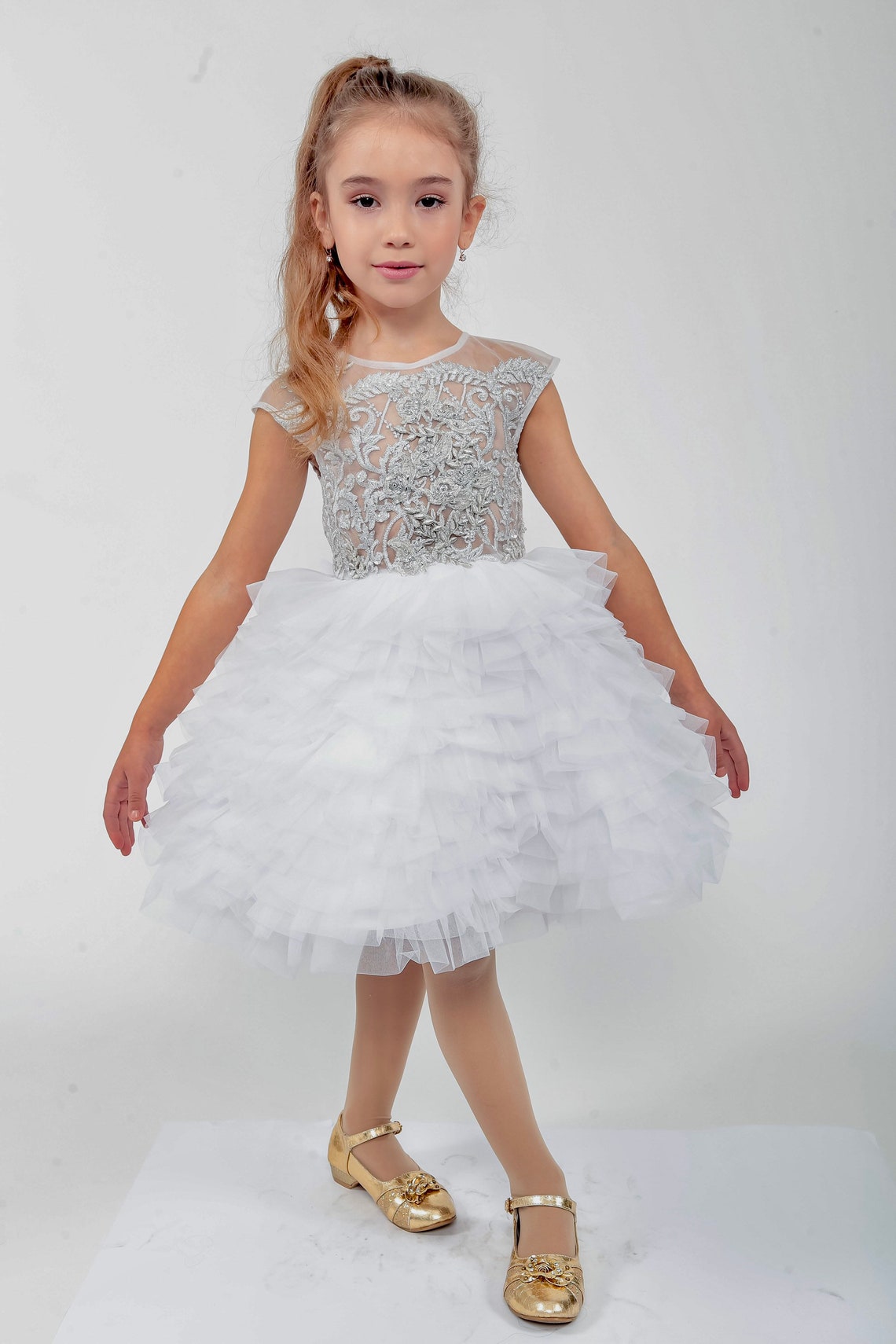 White Silver Pageant Cocktail Dress/ Tulle Ruffles Glitter - Etsy