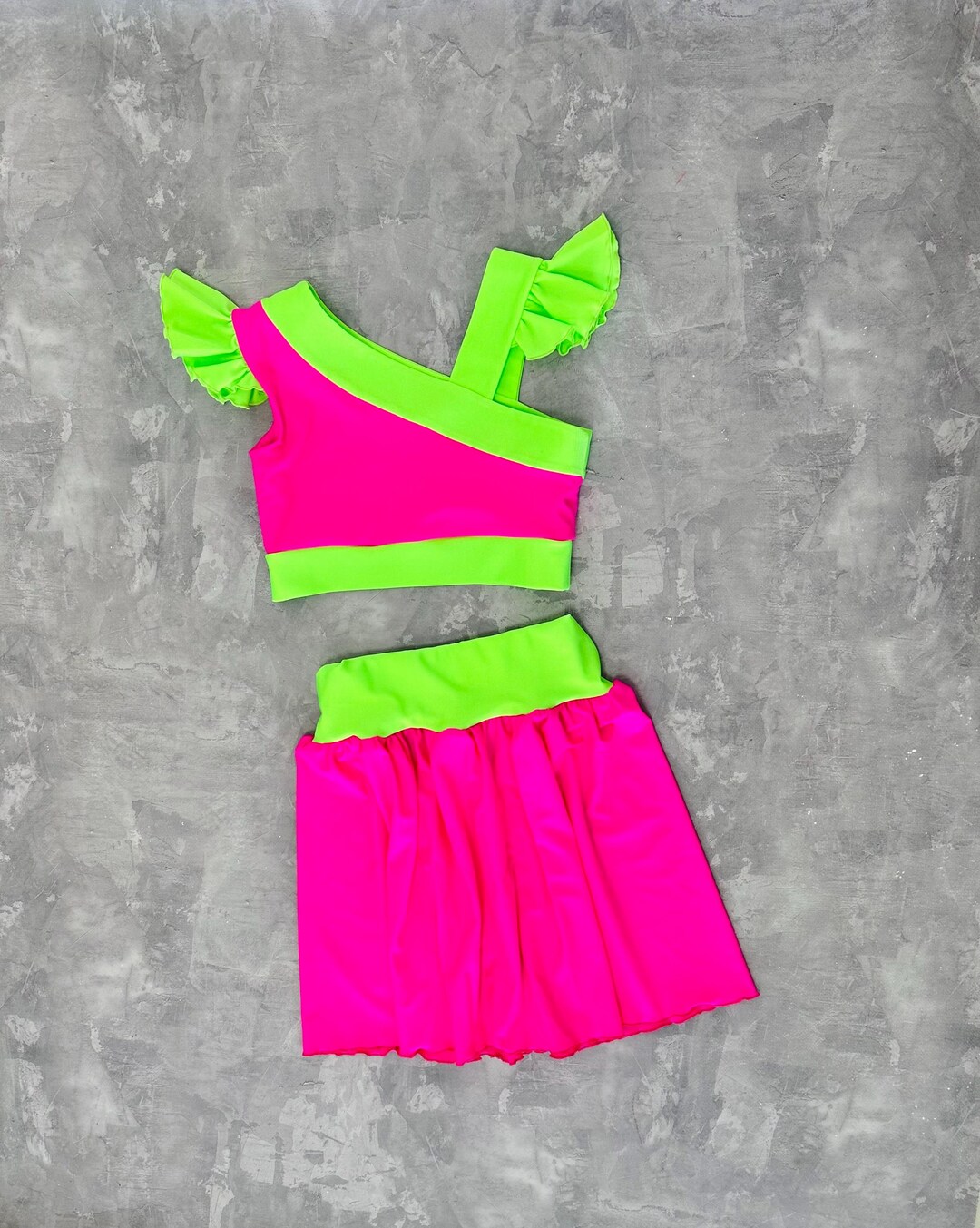 Hot Pink, Neon Green Girls Pageant Fitness Outfit/ Top and Skirt Suit ...