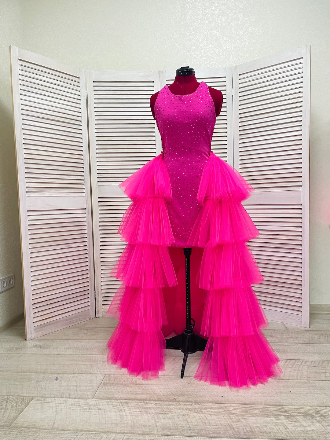 Hot Pink Pageant Fun Fashion Outfit With Stoned Dress and Tulle ...
