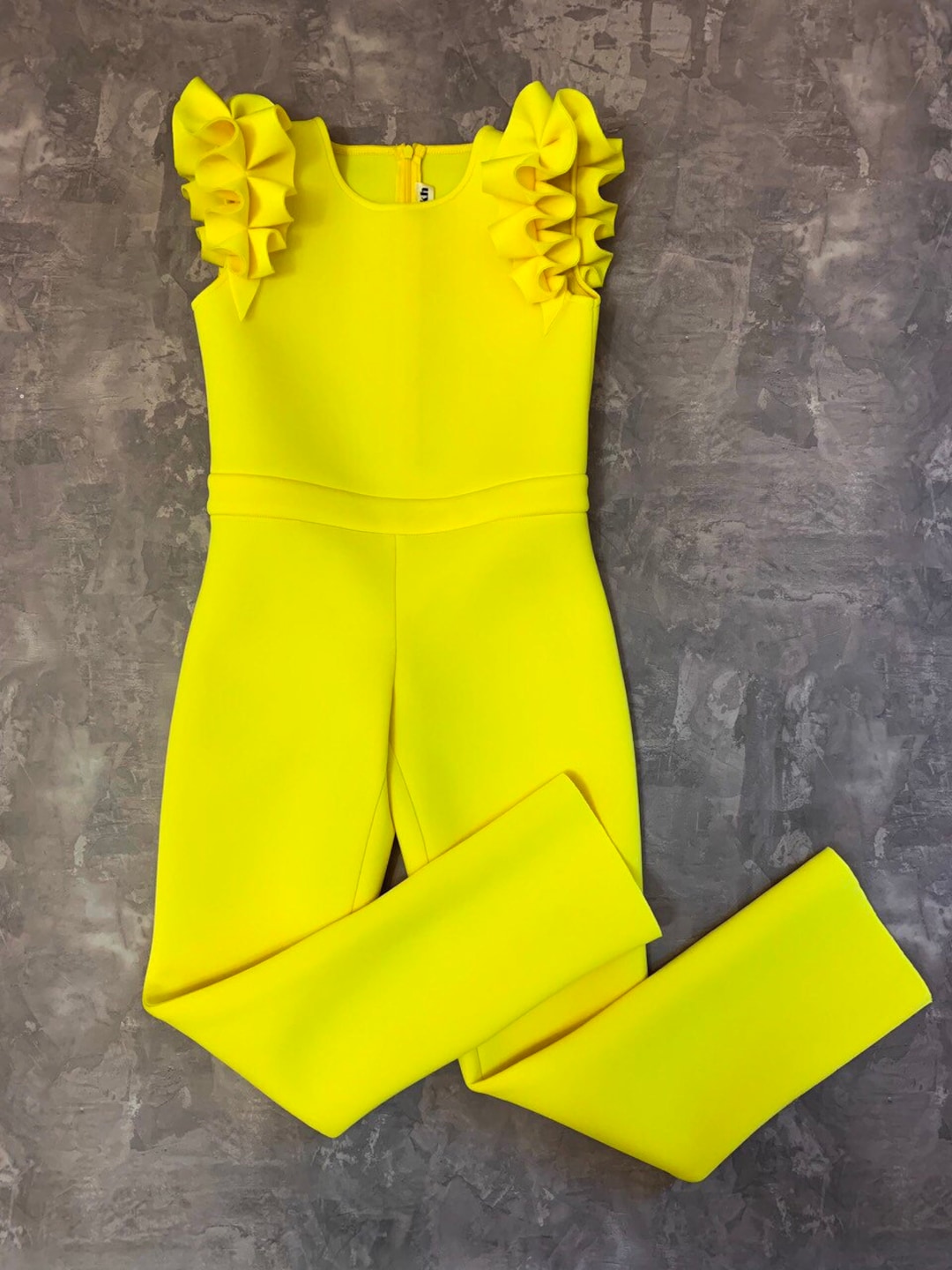 Bright Hot Yellow Girl Neoprene Jumpsuit With Ruffle Sleeves/ Casual ...