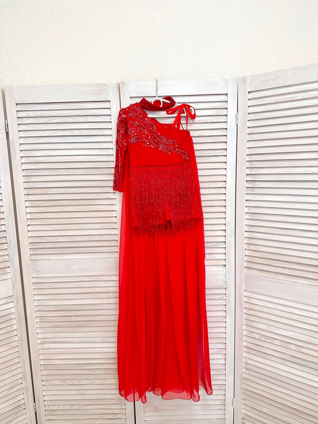 Red Beaded Fringe Pageant Outfit: Chiffon Cape, Rhinestone Lace - Etsy