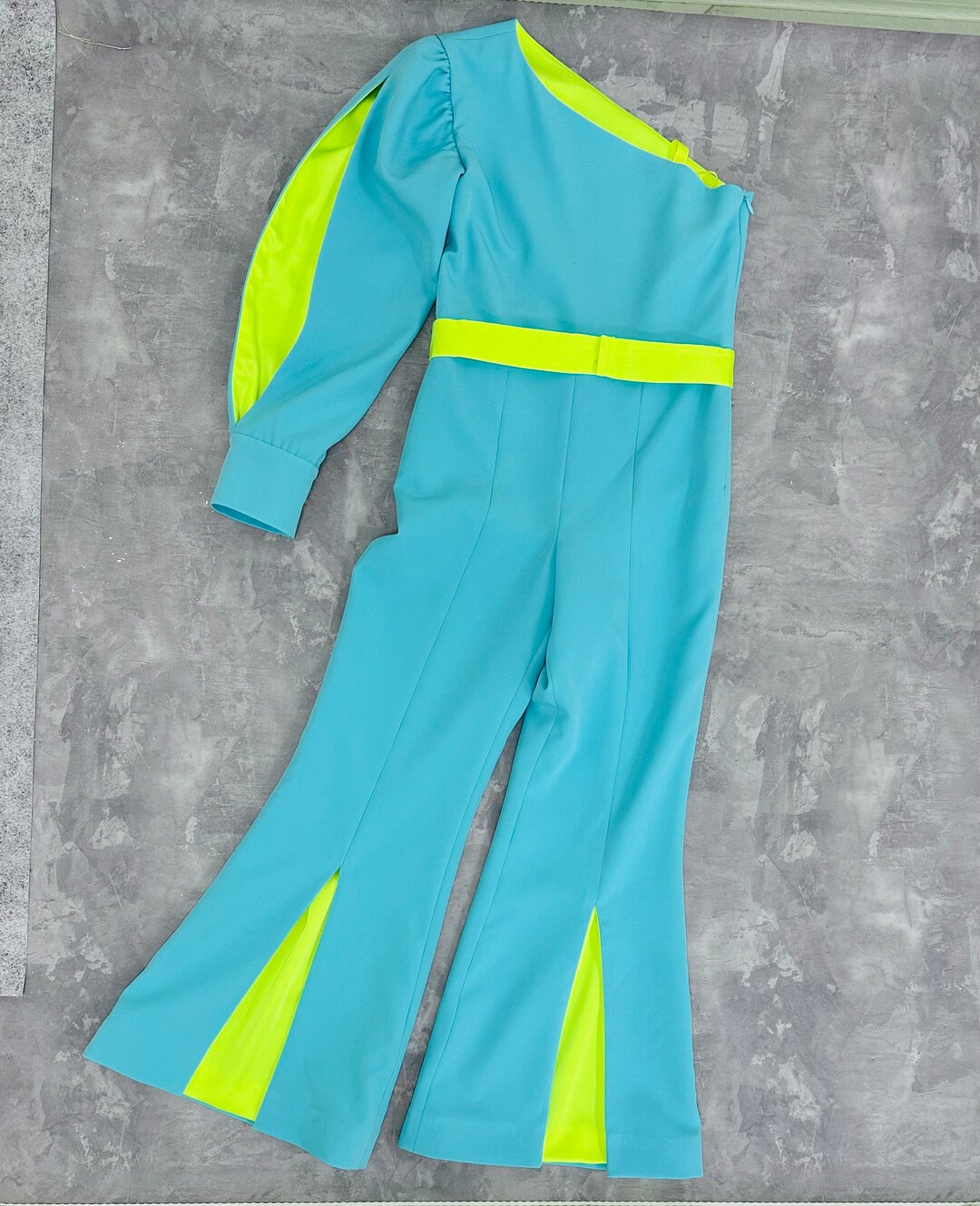 Mint Turquoise Pageant Jumpsuit With One Sleeve and Yellow Accents ...