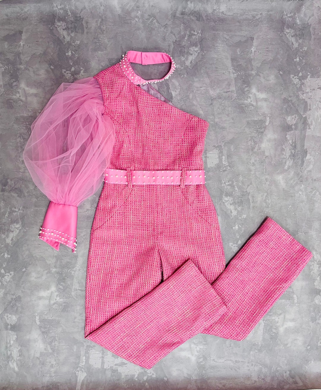 Pink Tweed Girls Pageant Jumpsuit With One Sleeve and Beads/ Girls ...