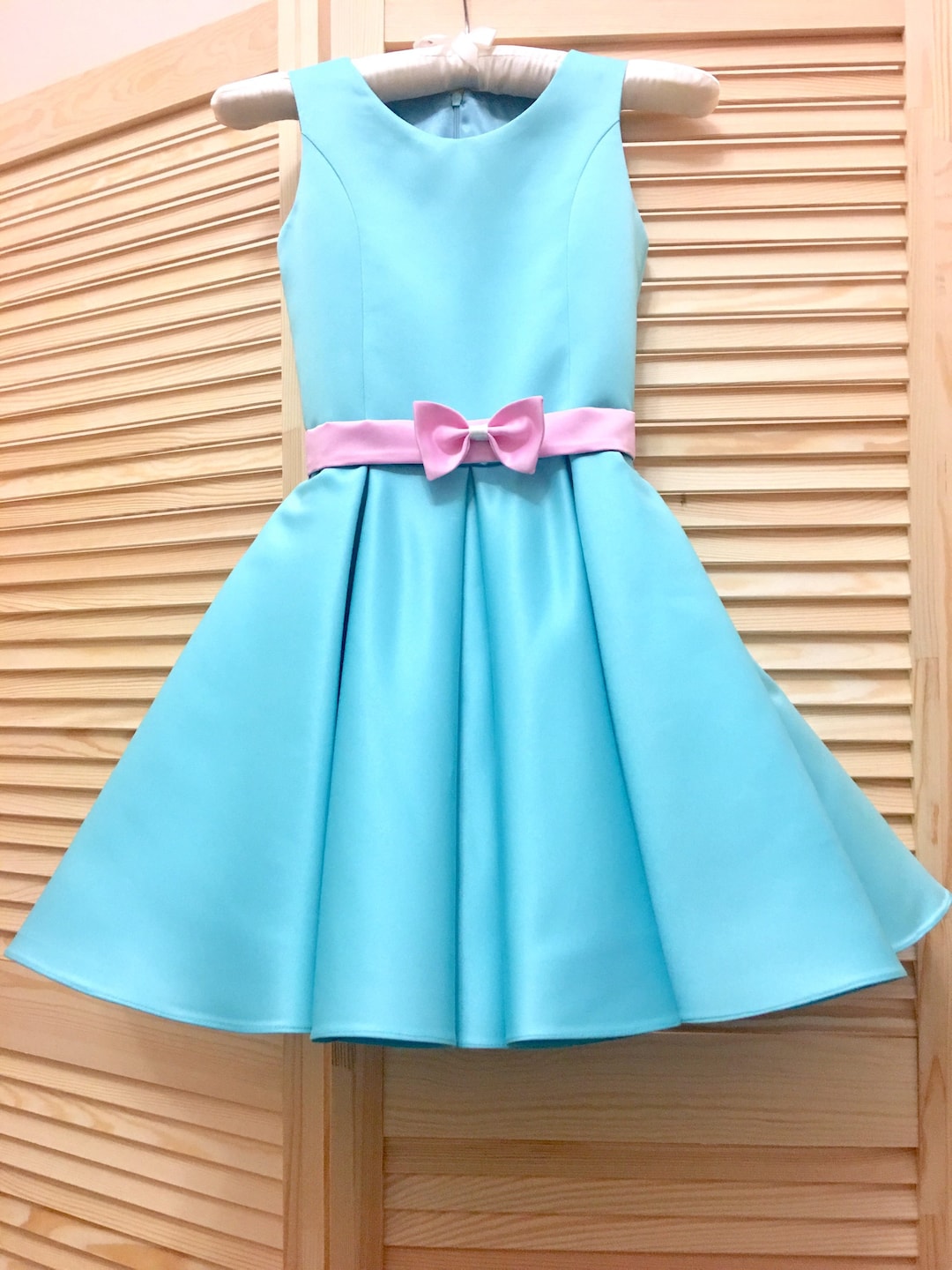 Blue Turquoise Pageant Interview Dress With Bow Belt/ Knee Length Dress ...