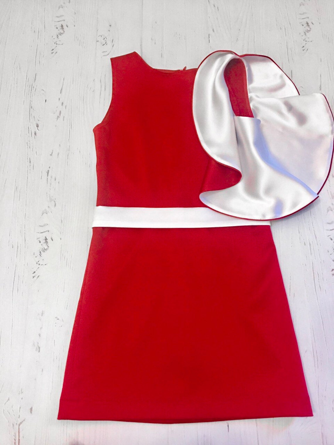 Red and white pageant interview dress with belt/ Knee length | Etsy