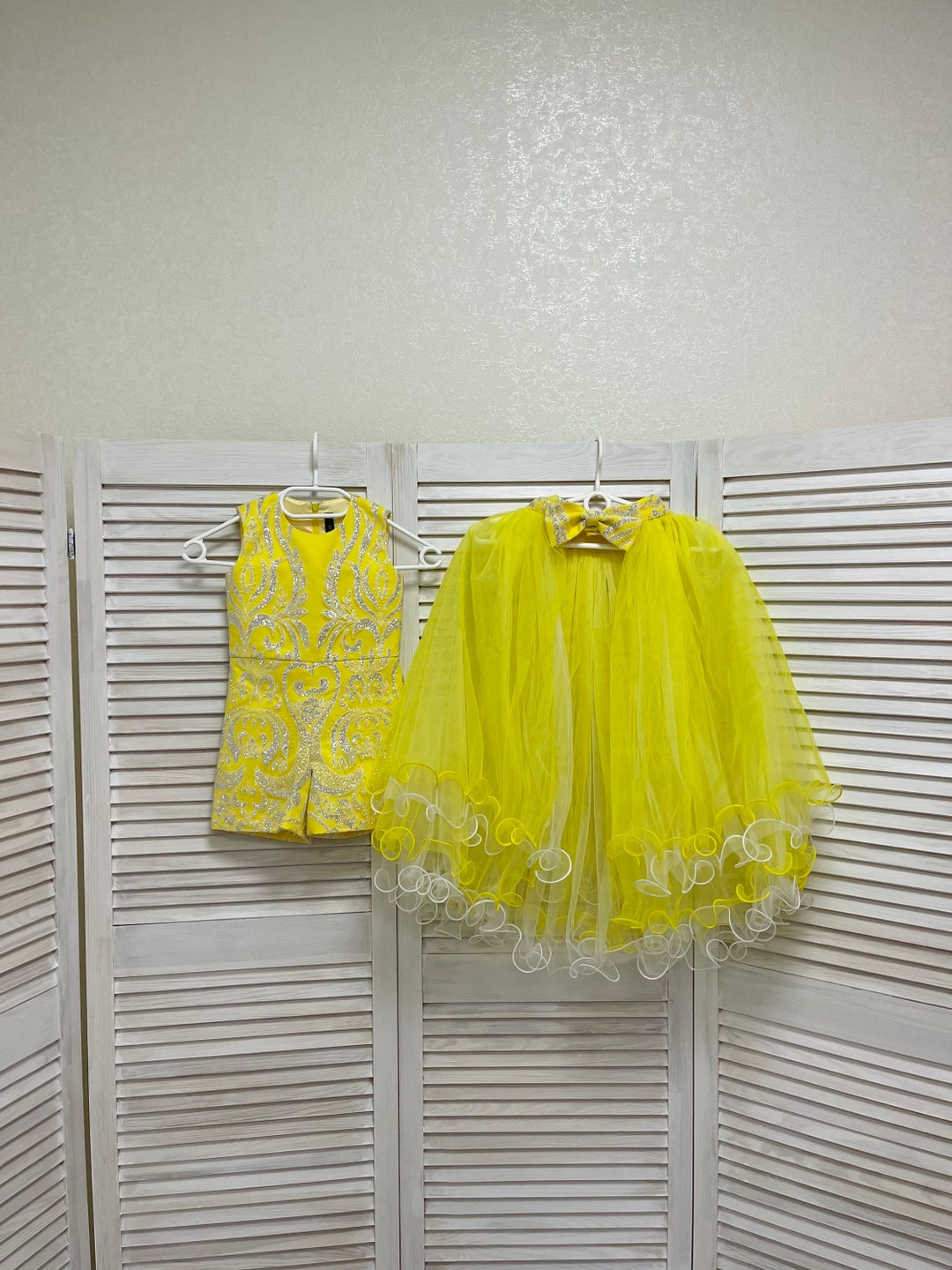 Yellow Glitter Pageant Outfit: Runway Romper With Tulle Train - Etsy