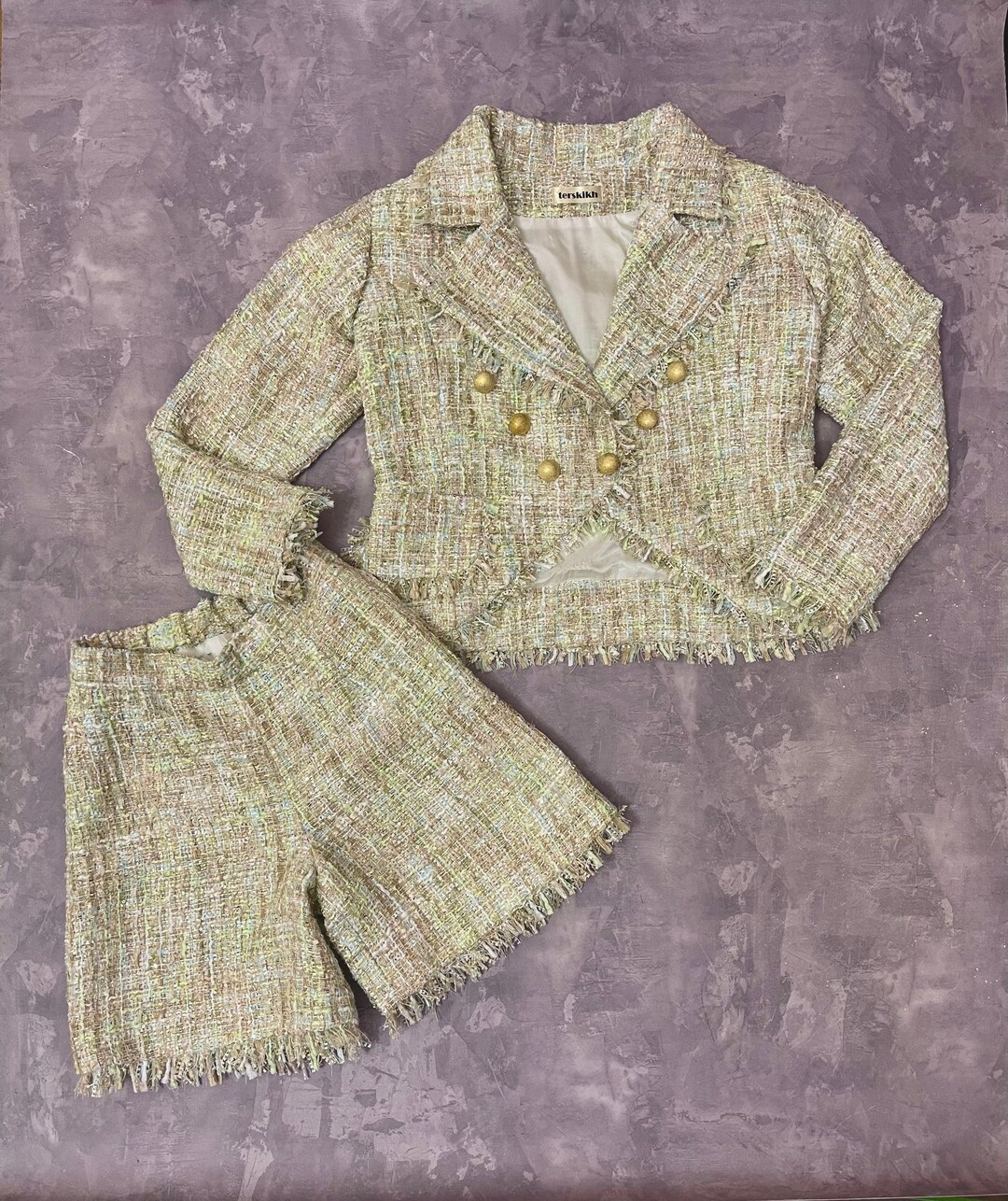 Girls Green Gold Tweed Suit: Jacket and Shorts Set - Etsy