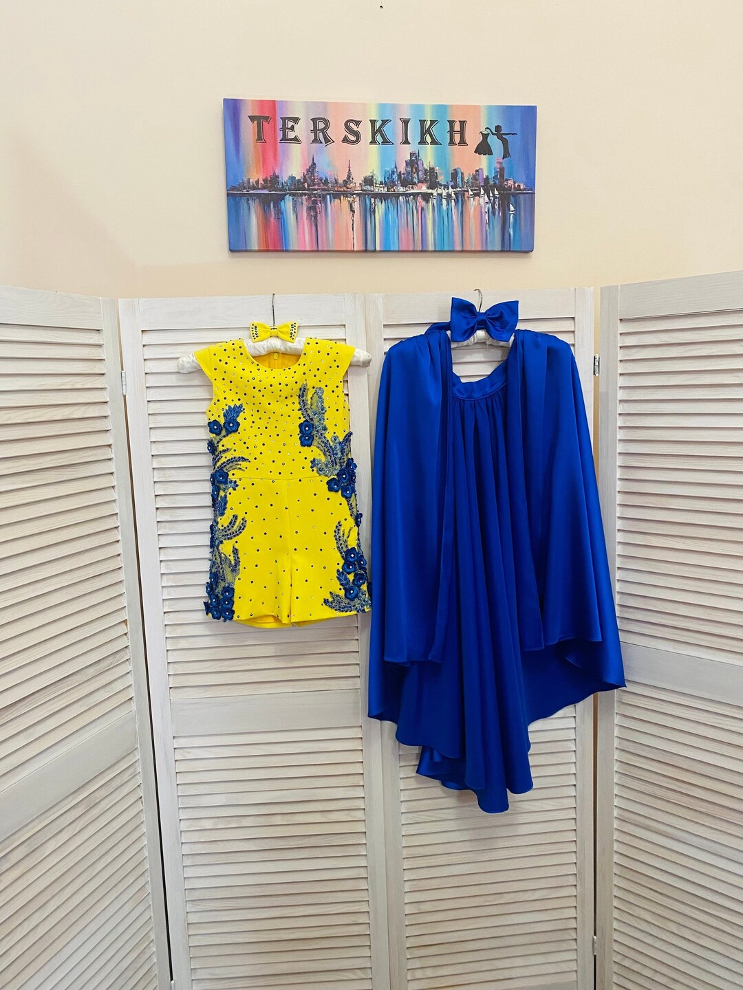 Girls Pageant Outfit: Yellow Romper With Royal Blue Cape, Runway ...