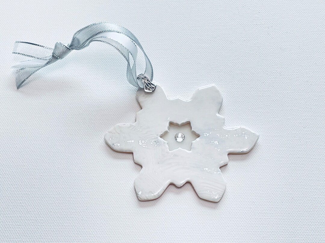 Polymer Clay Snowflake Christmas Ornament, White & Silver, Translucent ...