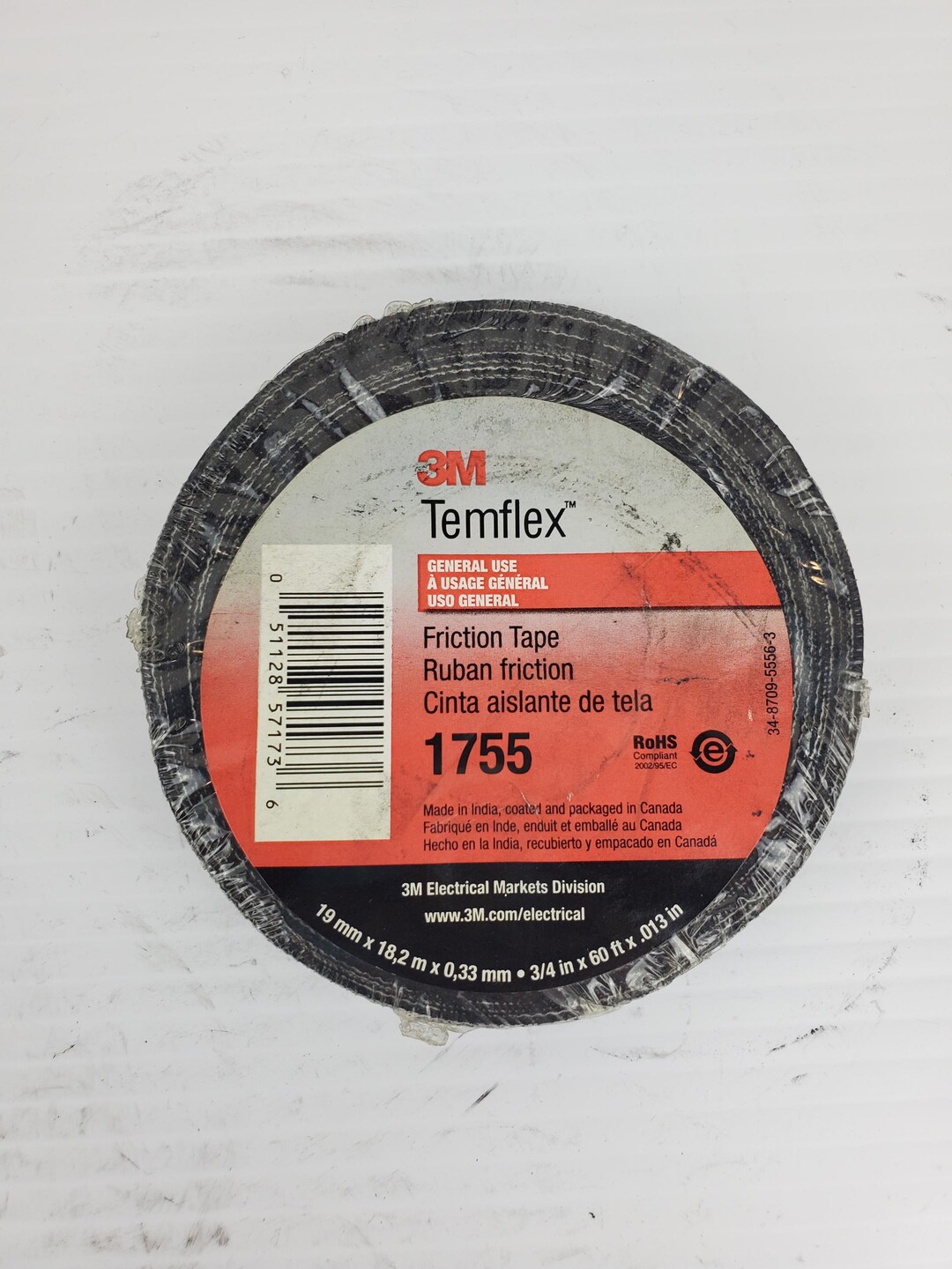 3M Temflex 1755 Friction Tape Black General Use 3/4x60 X0.13 34-8709 ...