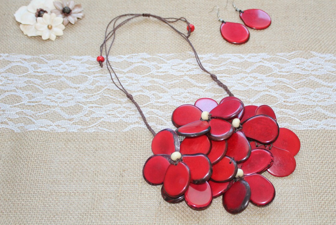 Tagua Nut Statement Necklace Set - Red Floral Necklace - Fair Trade ...