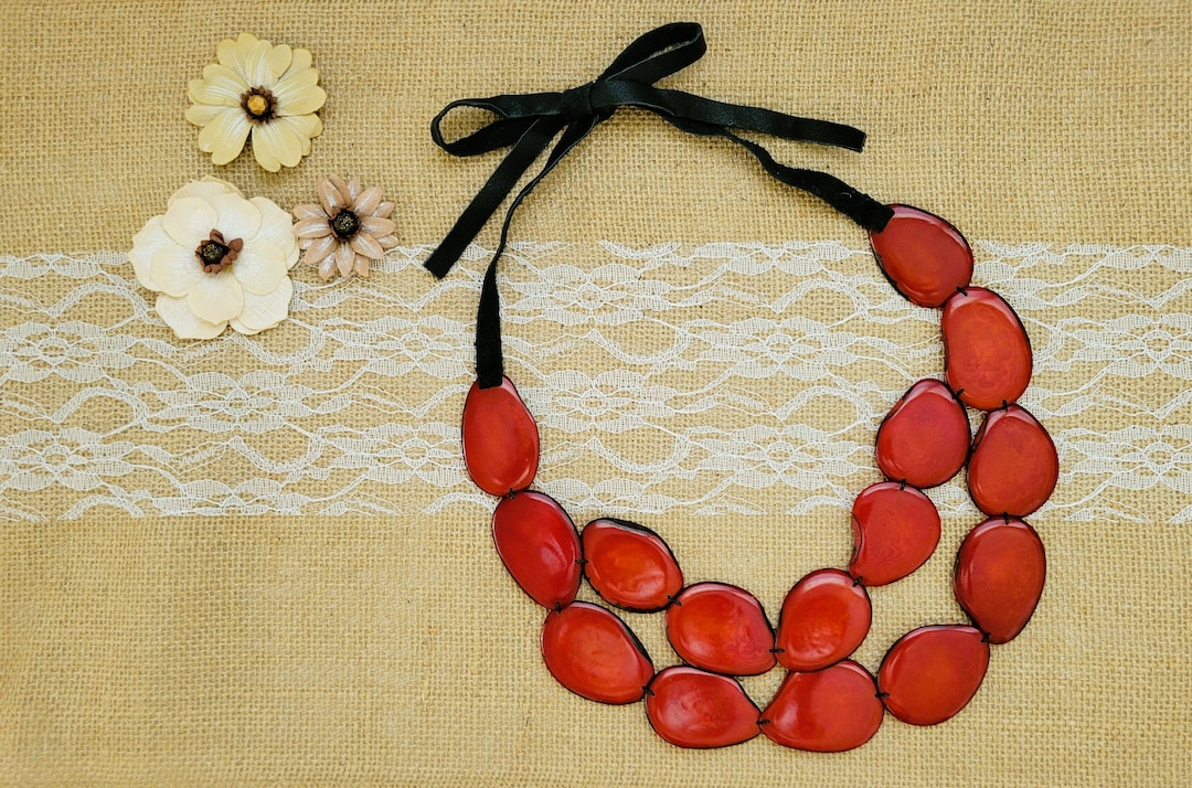 Red Tagua Nut Statement Necklace - Fair Trade Tagua Jewelry - Handmade ...