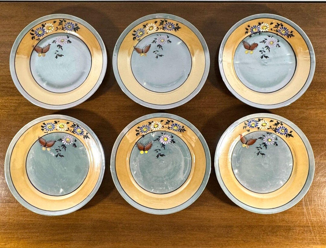 6 Lusterware Plates Blue Peach Art Deco Flowers Butterflies 7 1/2 Dia ...