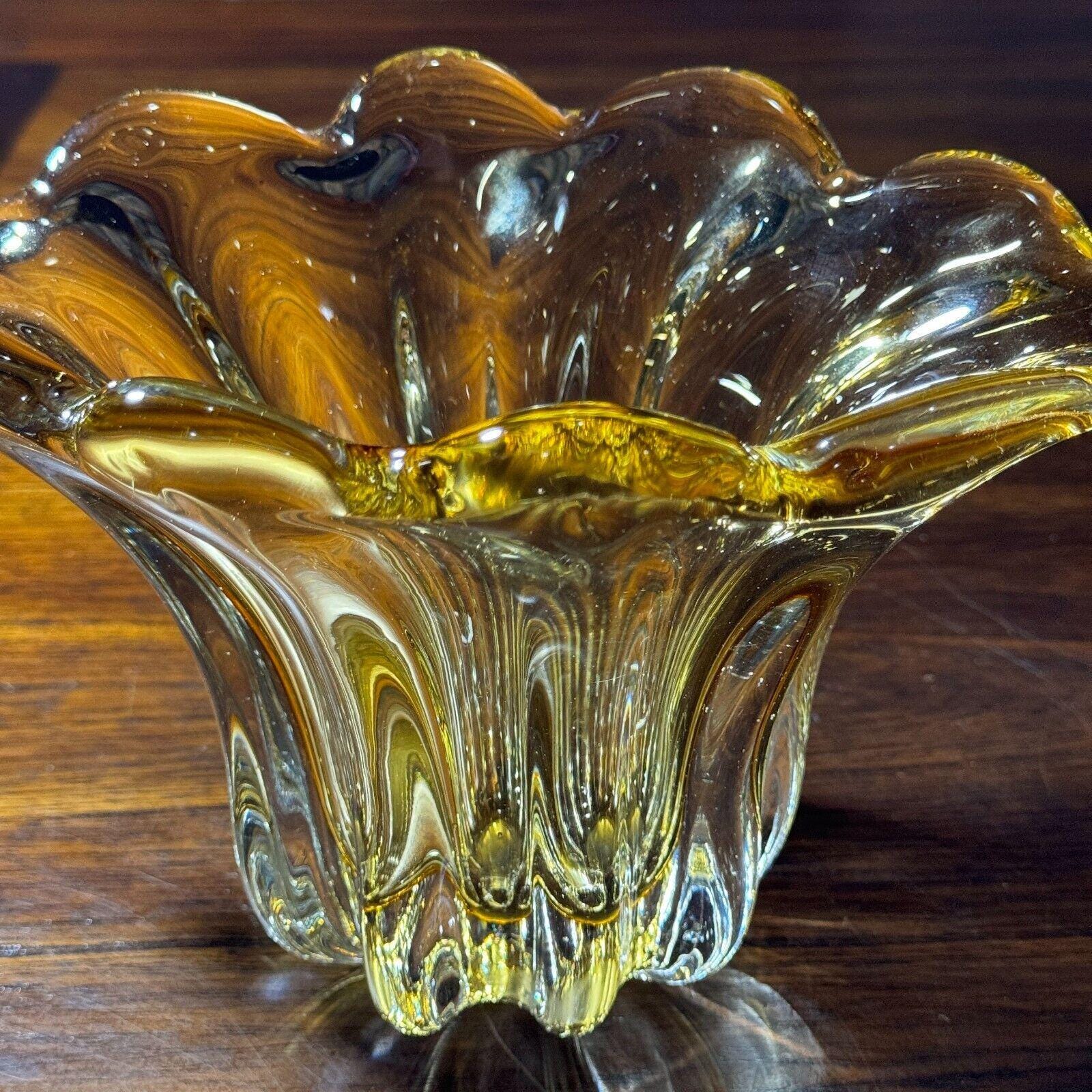 Vintage Murano Blown Glass Waterfall Vase Yellow Amber Mid Century ...