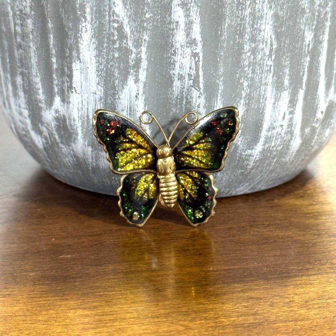 Vintage Butterfly Pin Brooch Multicolor Enamel Glitter Gold Tone 1