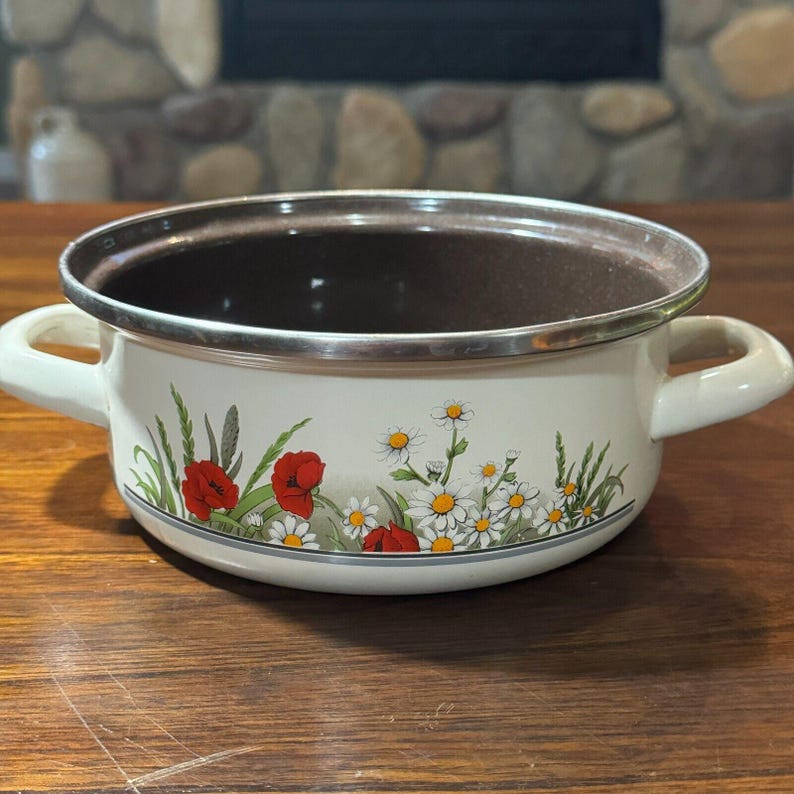 Vintage Enamel Pot Dutch Oven Red Poppies Daisies With Handles 7" - Etsy