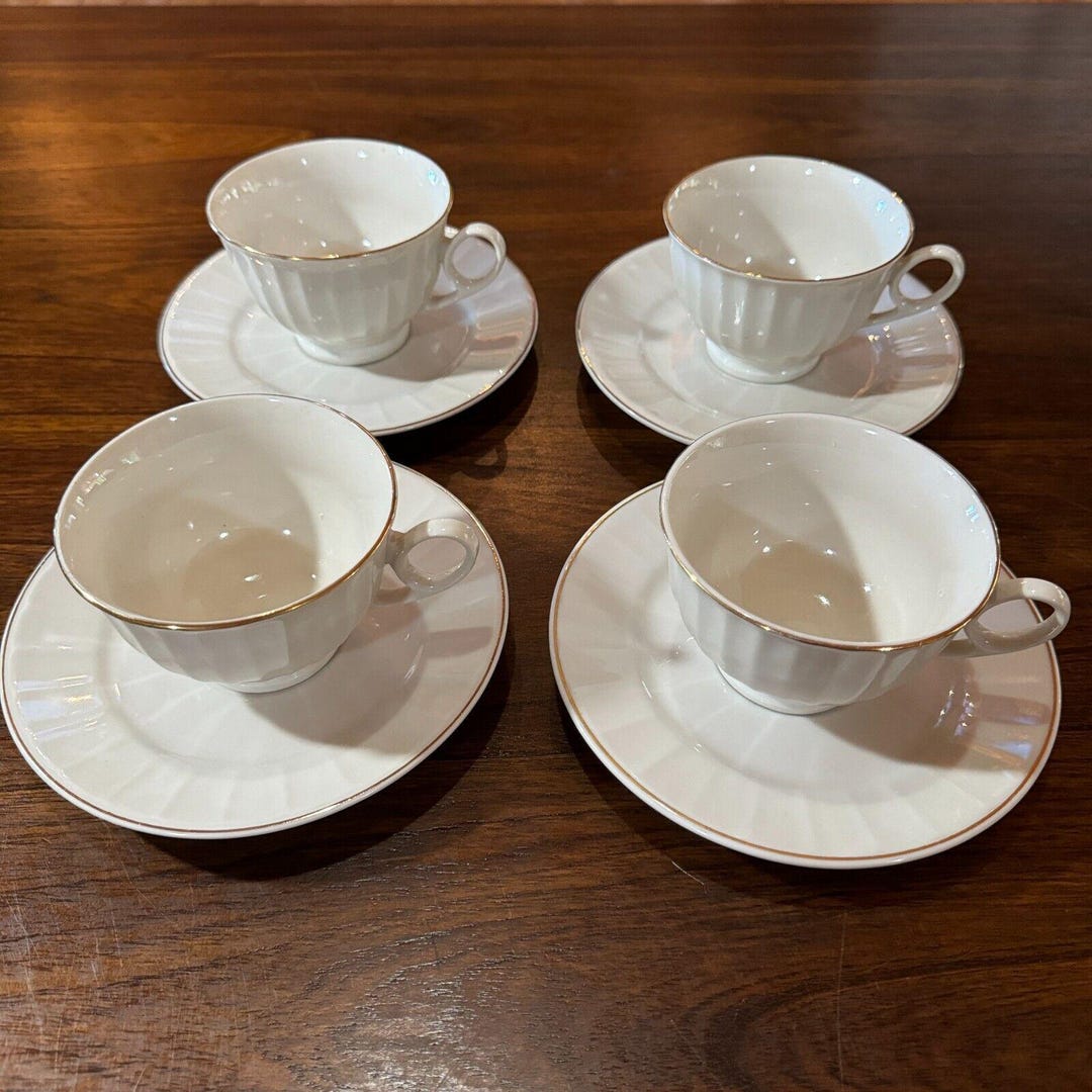 Vintage Diadem Tea Cup and Saucers Fine China White Gold Trim Set of 4 ...
