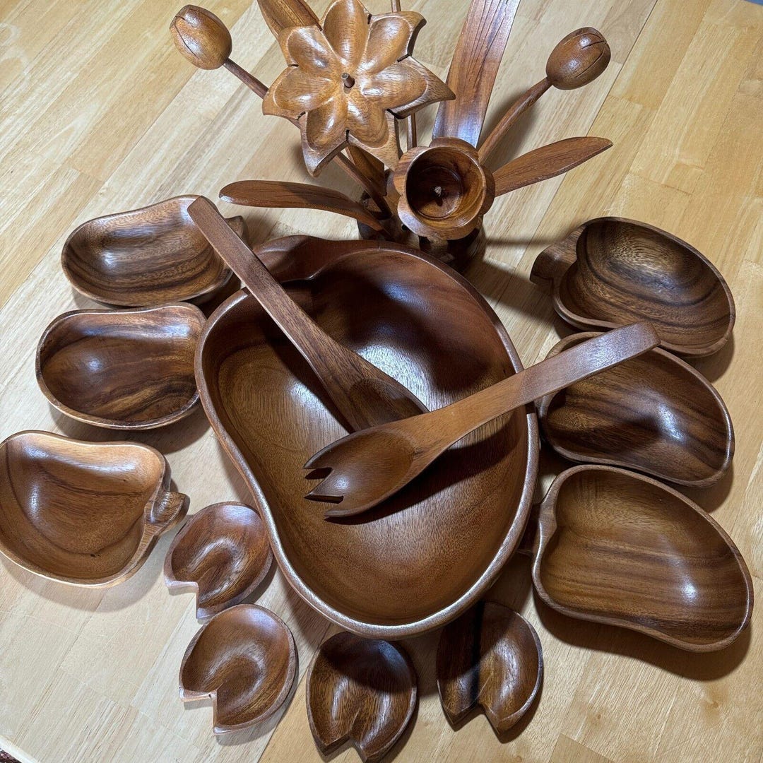 Monkey Pod Salad Bowl Set Exotic Wood Wooden Flower Arrangement ...