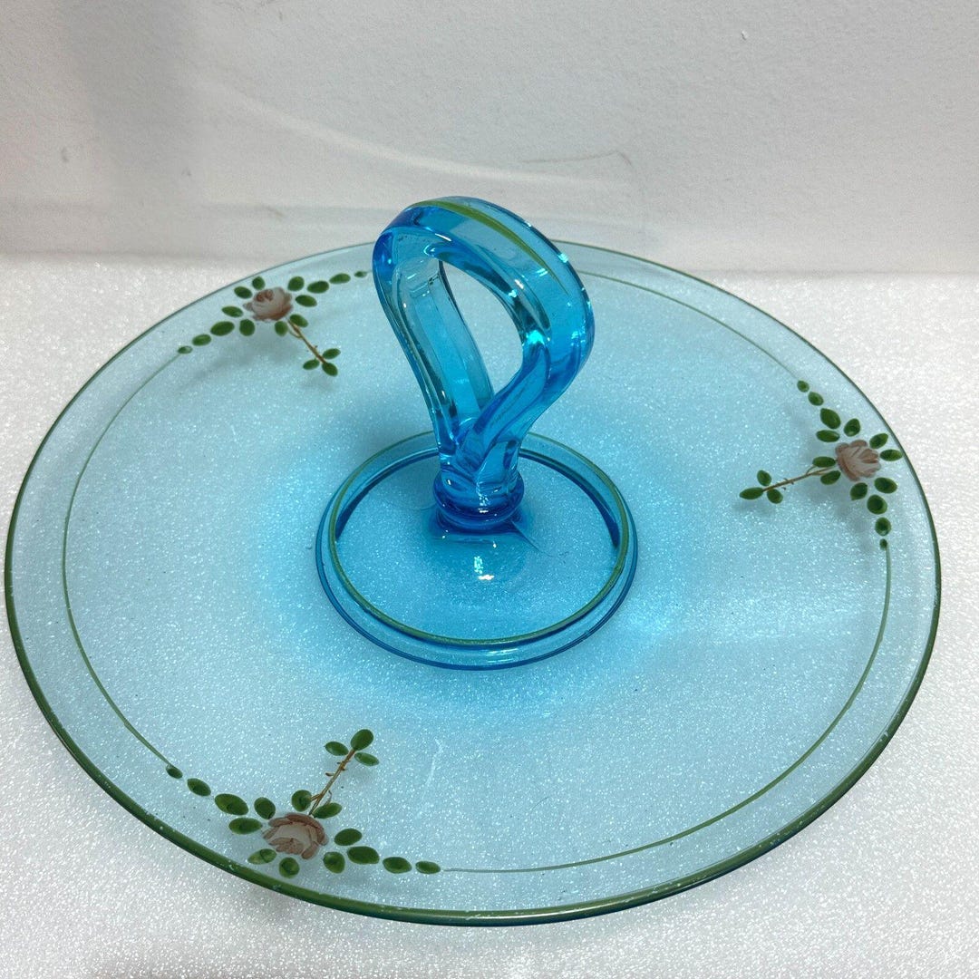 Blue Glass Tidbit Tray Painted Flower Accents Sandwich Serving Dish ...