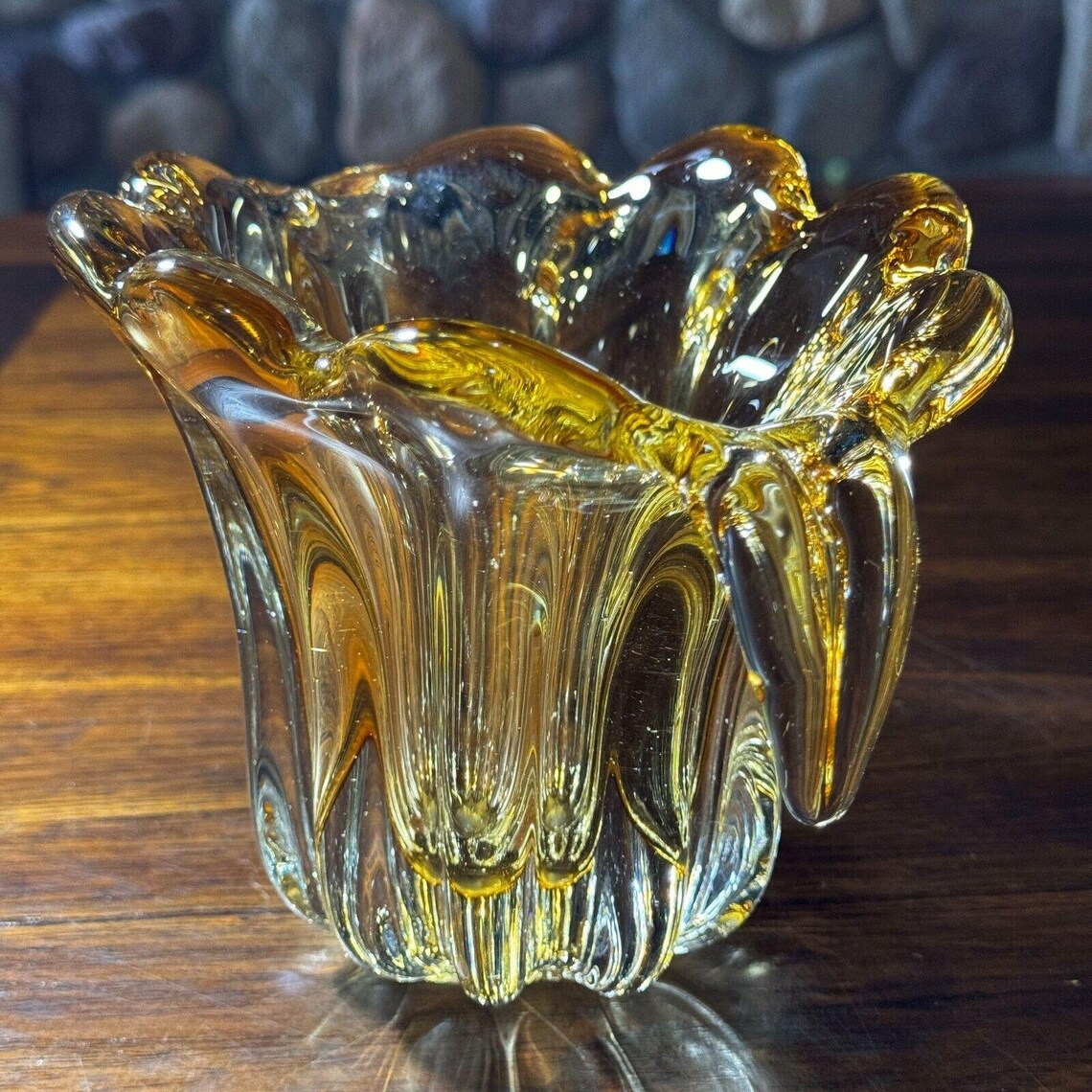 Vintage Murano Blown Glass Waterfall Vase Yellow Amber Mid Century ...