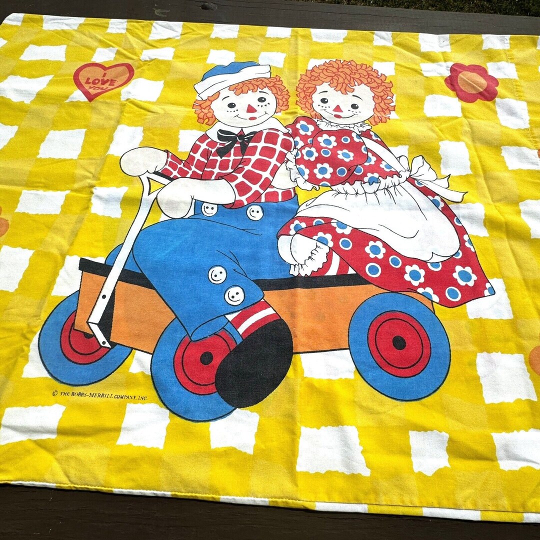 Vintage 70s Raggedy Ann and Andy Pillowcase Wagon Love Yellow Gingham ...