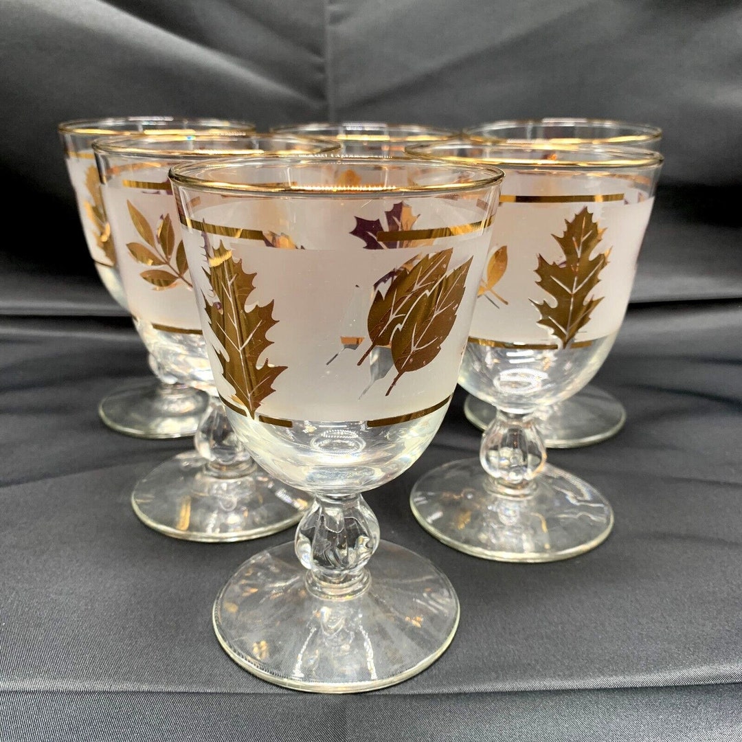 Vintage Frosted Libbey Gold Leaf Glasses Cordial Footed Mid Century Set Of 6 Etsy