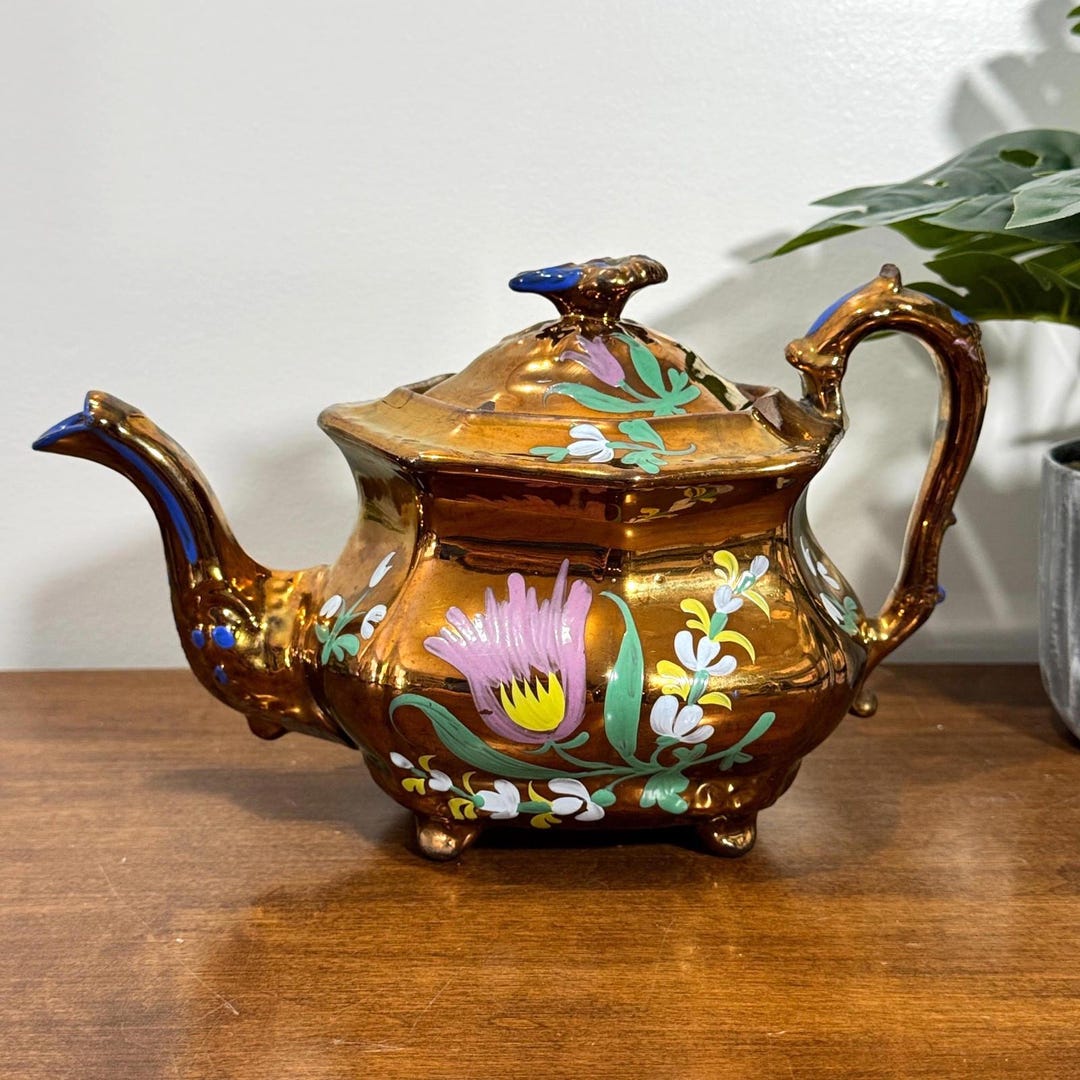 Antique Copper Luster Ceramic Teapot Handpainted Lustreware England C ...