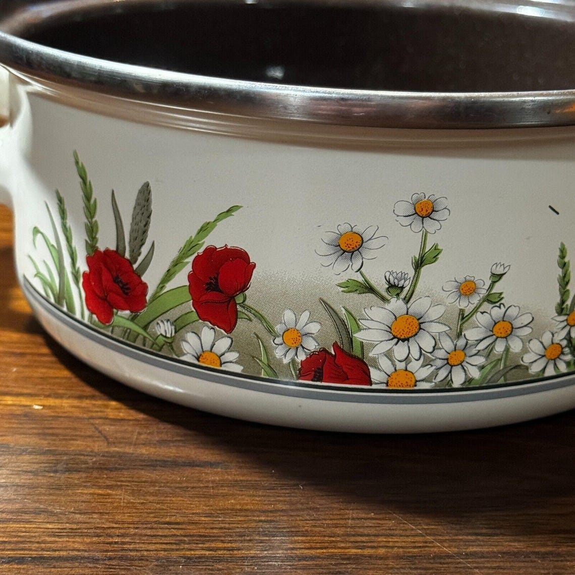 Vintage Enamel Pot Dutch Oven Red Poppies Daisies With Handles 7" - Etsy
