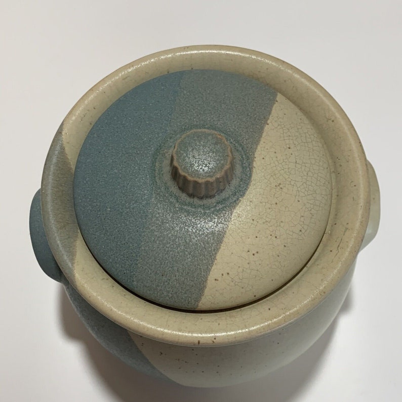 Nantucket Stoneware Pottery Bean Pot Blue Beige With Lid 6 - Etsy