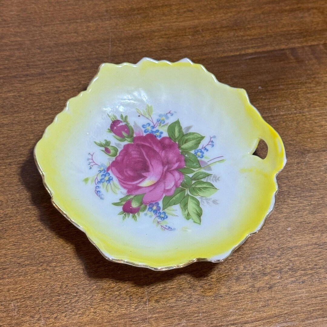 Vintage Japan Butter Pat Tea Bag Spoon Rest Trinket Plates Yellow Leaf ...
