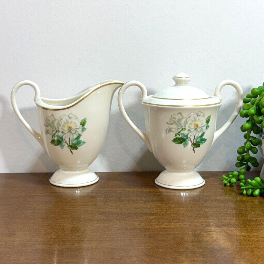 Creamer and Sugar Set Silver Rose by Hanover China Handle White Floral ...