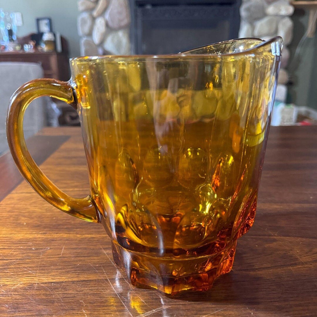 Vintage Hazel Atlas Amber Glass Pitcher Thumbprint Yellow USA ...